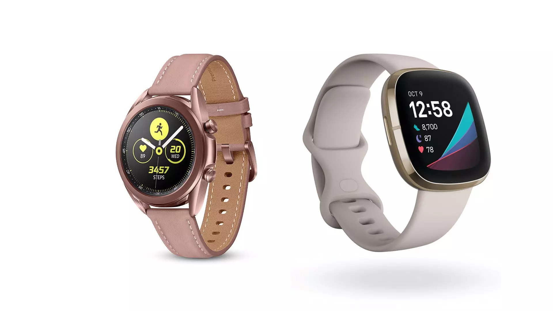 Egy Galaxy Watch3 és a FItbit Sense egymás mellett.
