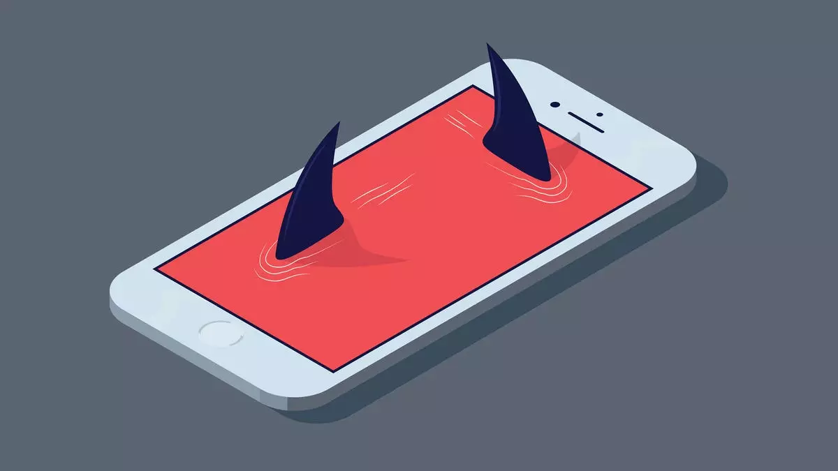Un iPhone con pantalla roja y aletas de tiburón
