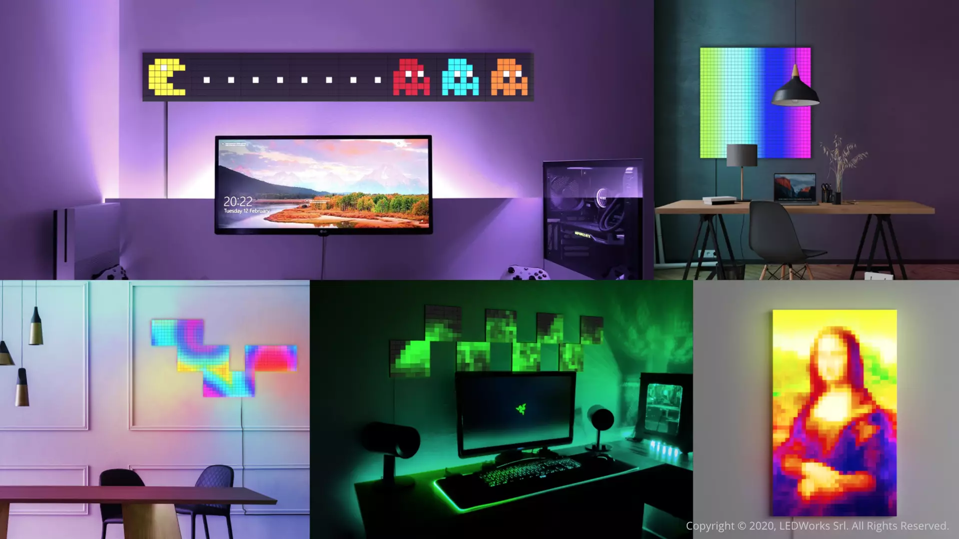 LED քառակուսիներ, որոնք ձևավորում են Մոնա Լիզայի և Pac-Man-ի խճանկարային պատկերներ