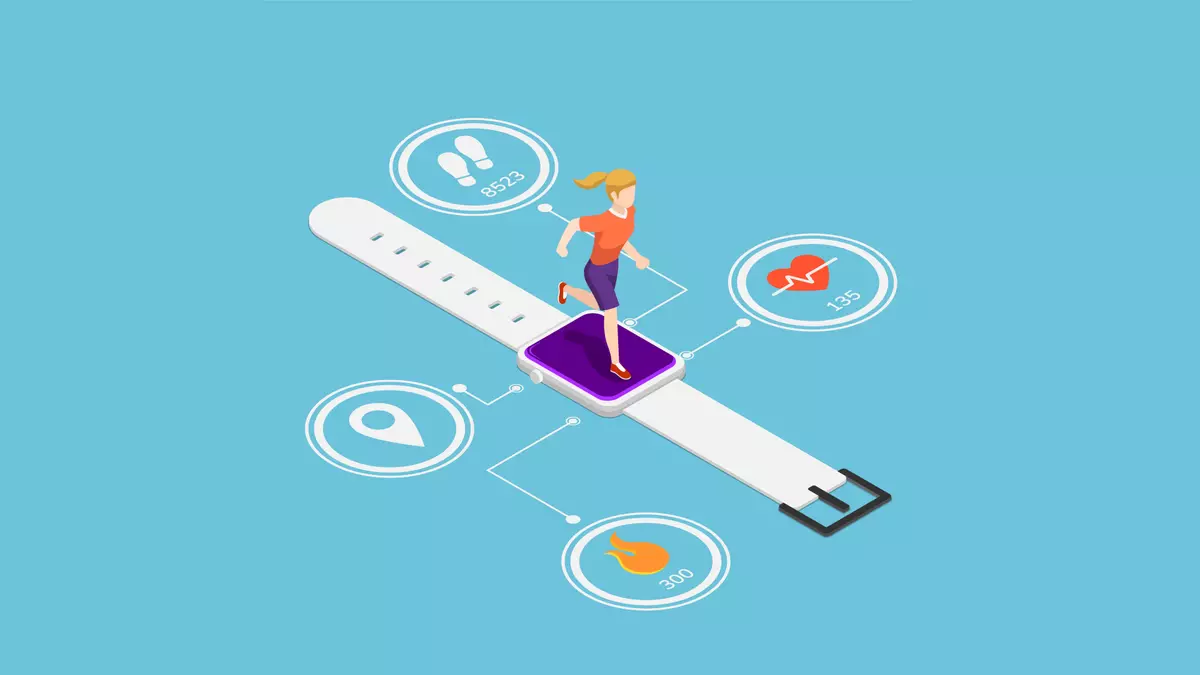 Platte 3d isometrische vrouw die op smartwatch loopt met hartslagmeters, calorieën tellen, stappen tellen en GPS-technologiefunctie.