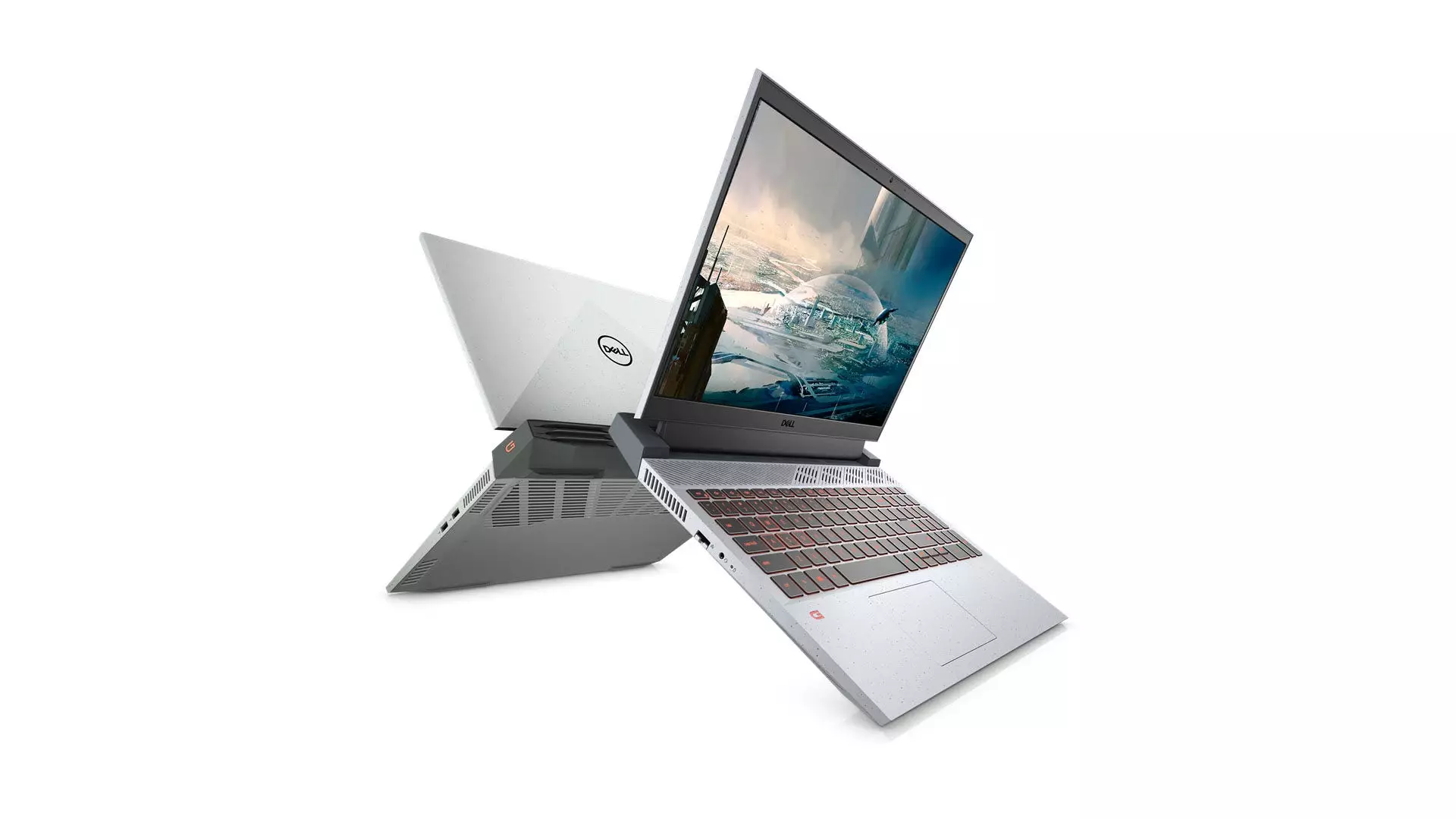 Laptop Dell G15 dilihat dari depan dan belakang.