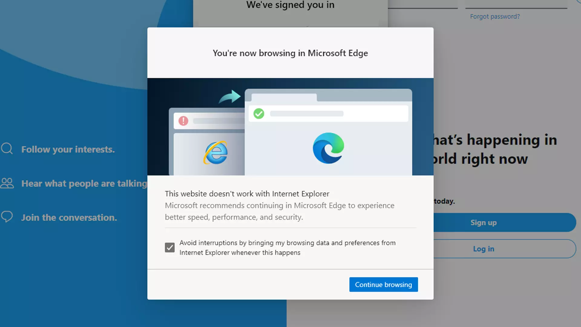 Internet Explorer pakottaa nyt käyttäjät käyttämään Microsoft Edgeä YouTubessa, Twitterissä ja muissa palveluissa