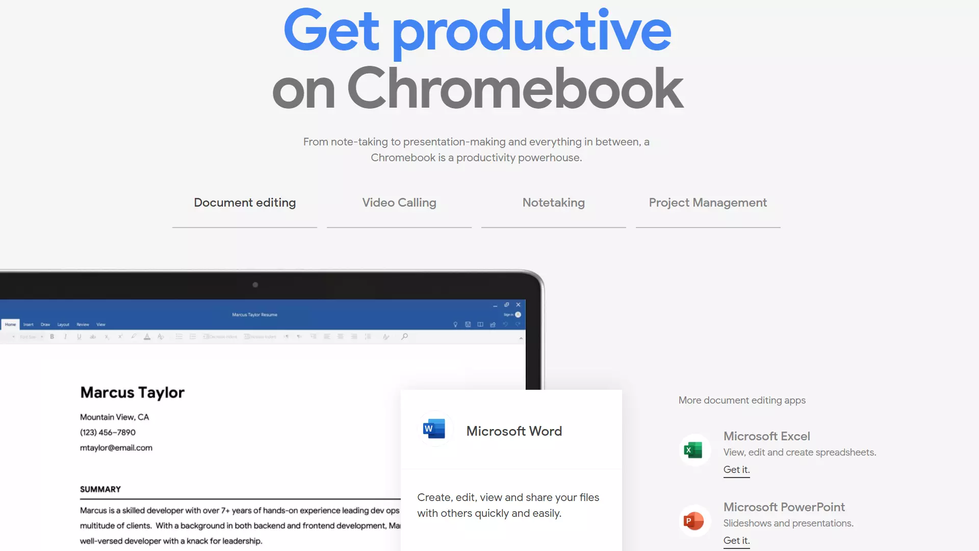 Gambar promo sing nuduhake piranti lunak produktivitas ing Chrome OS