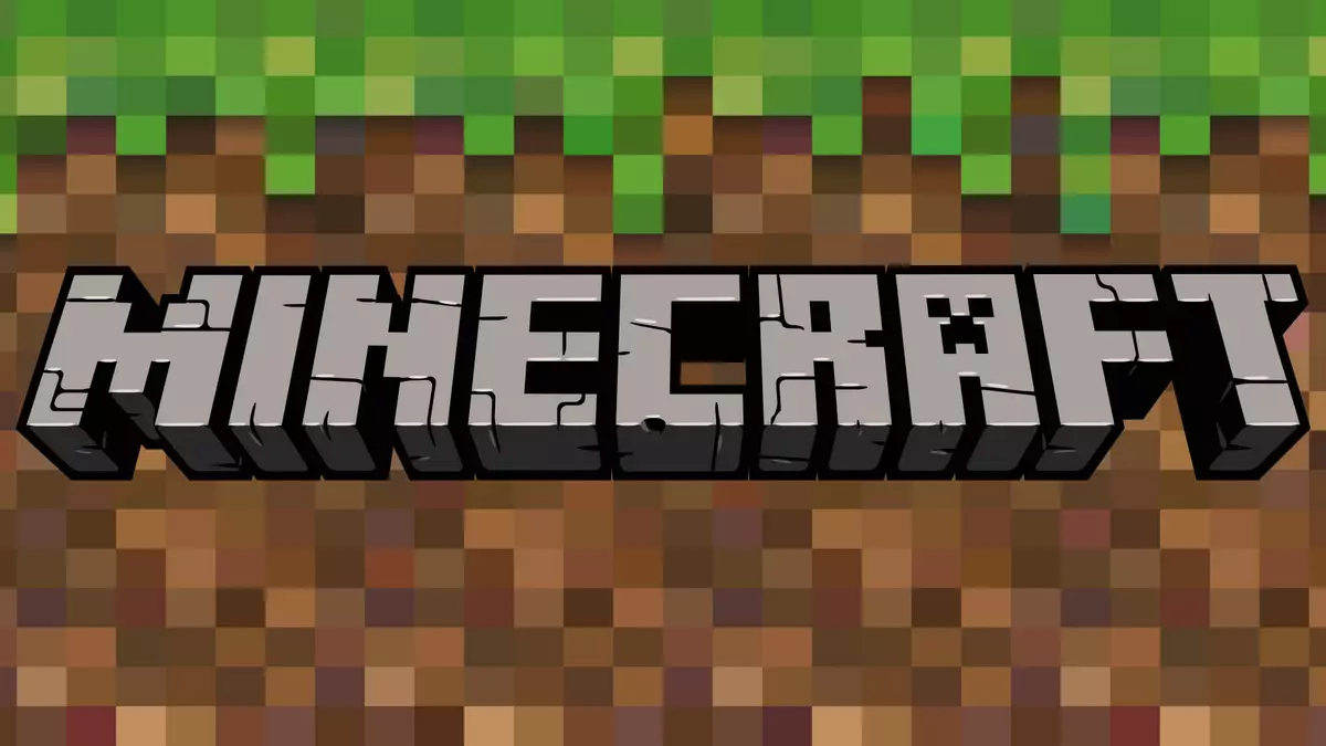 Minecraft Logo iwwer blockéiert Minecraft-Stil Hannergrond vu Grasblock