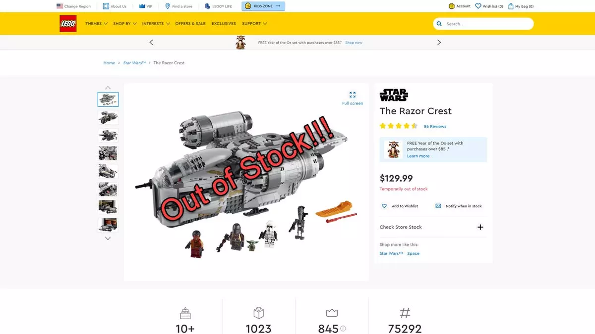 Situs LEGO dengan pemberitahuan stok raksasa yang dipasang di LEGO Razer Crest.