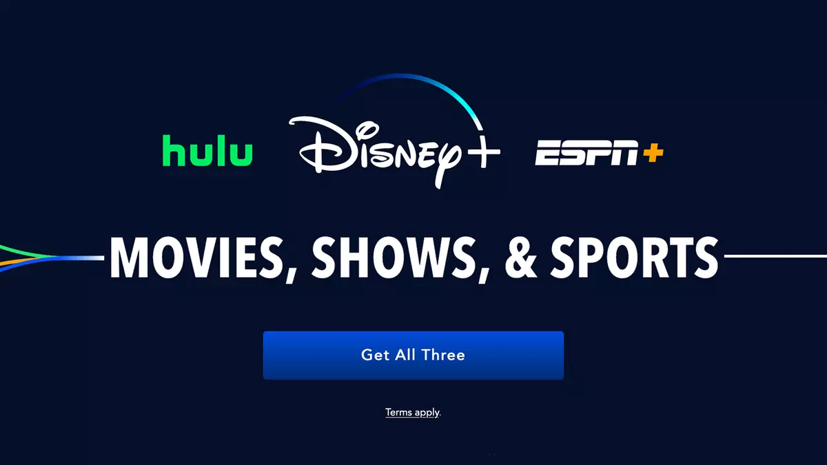 Μια απεικόνιση των λογότυπων Disney+, Hulu και ESPN+.