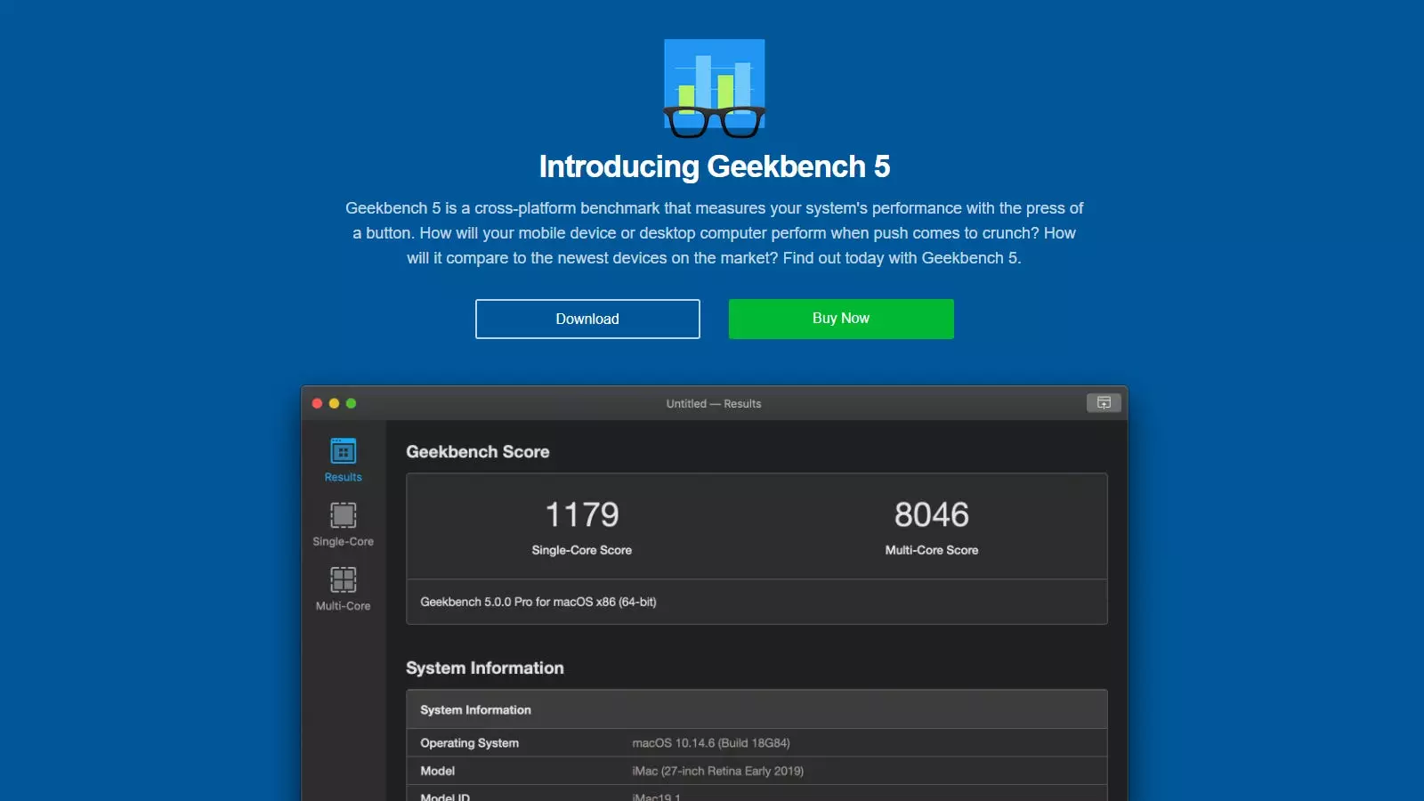 „Geekbench 5“ pagrindinis puslapis
