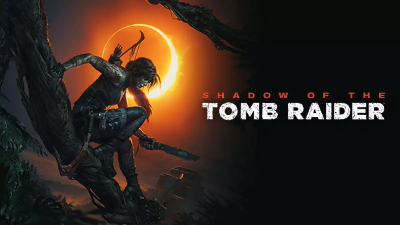 „Kapų plėšikės šešėlis“ reklaminis menas, kuriame Lara Croft lipa ant vynmedžio.