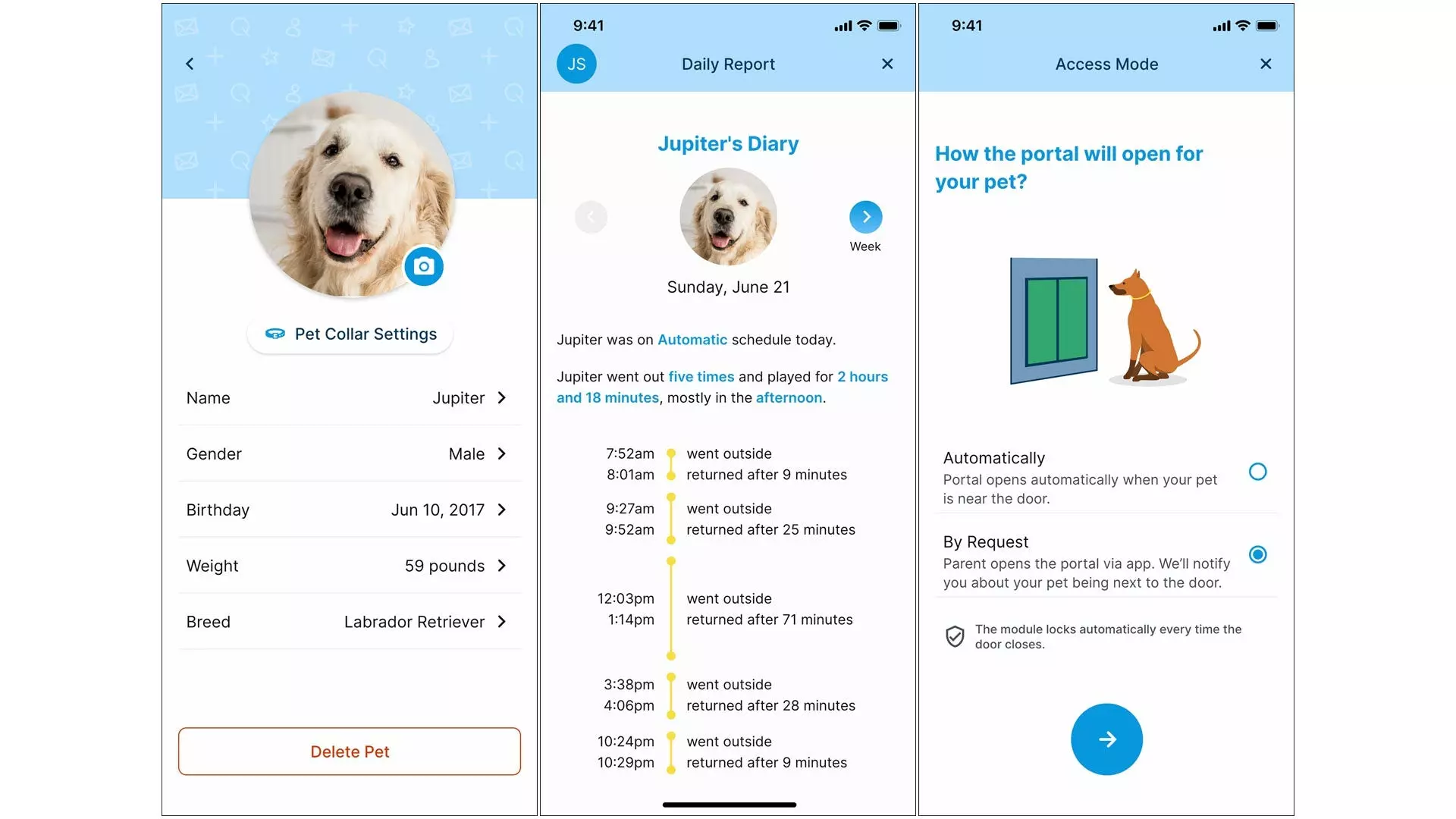 Три екрани на апликацијата myQ, кои прикажуваат профили на кучиња, опции за влез и повеќе.