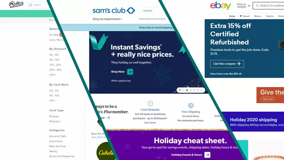 images des pages d'accueil de Raise.com, Sam's Club et eBay