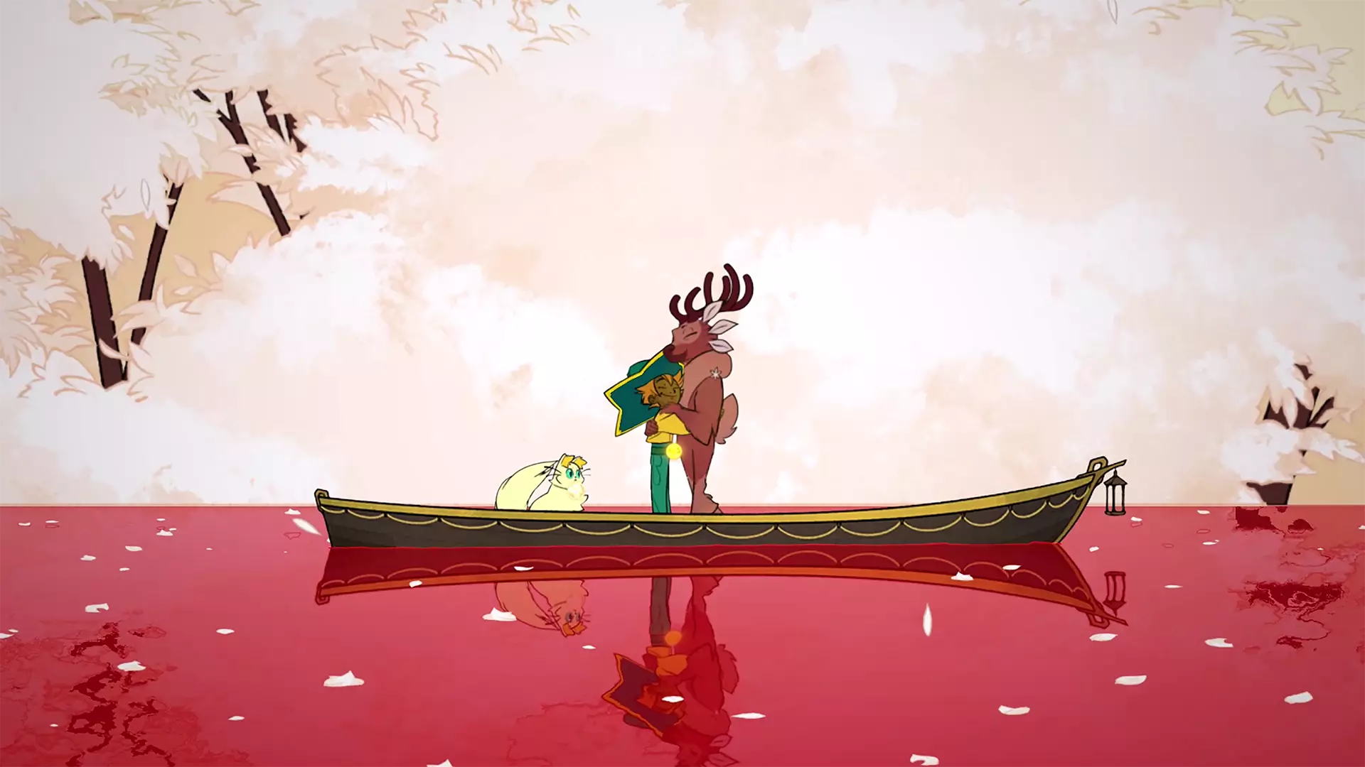 Két ember egy csónakon egy vörös folyó felett, melegen átölelve.