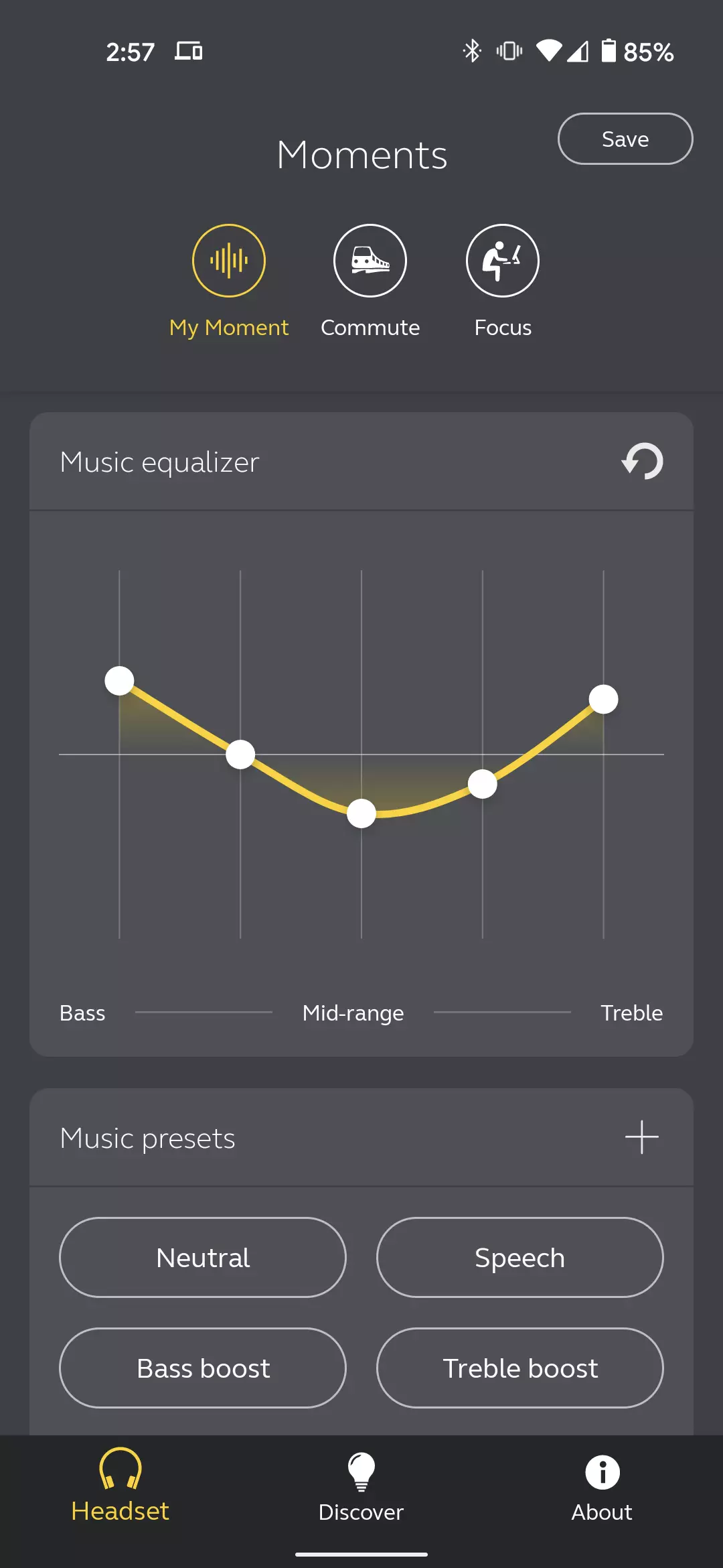 Апликацијата Sound+ што го прикажува EQ