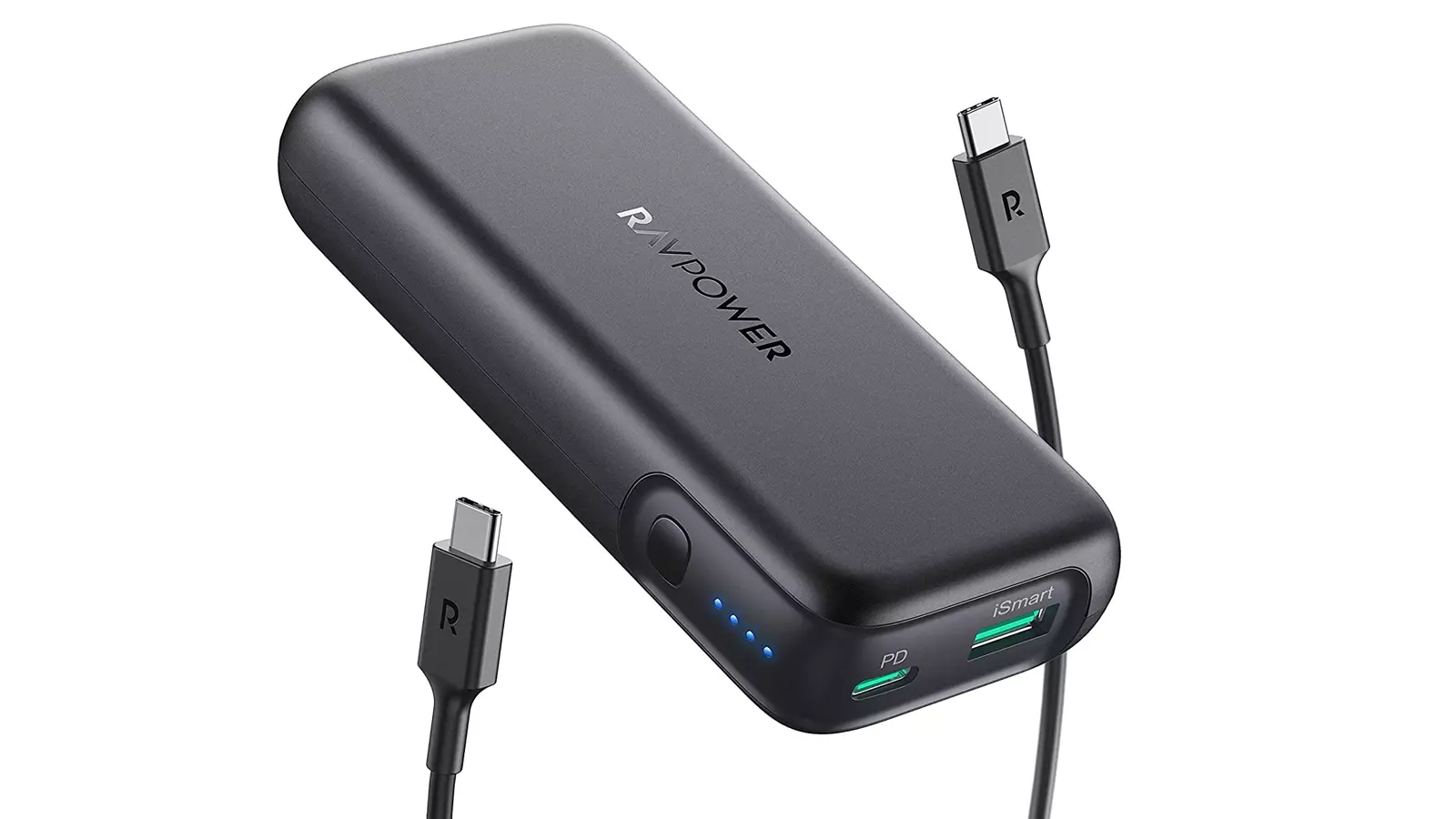 រូបថតរបស់ RAVPower's 10k mAh power bank និងខ្សែ USB-C។