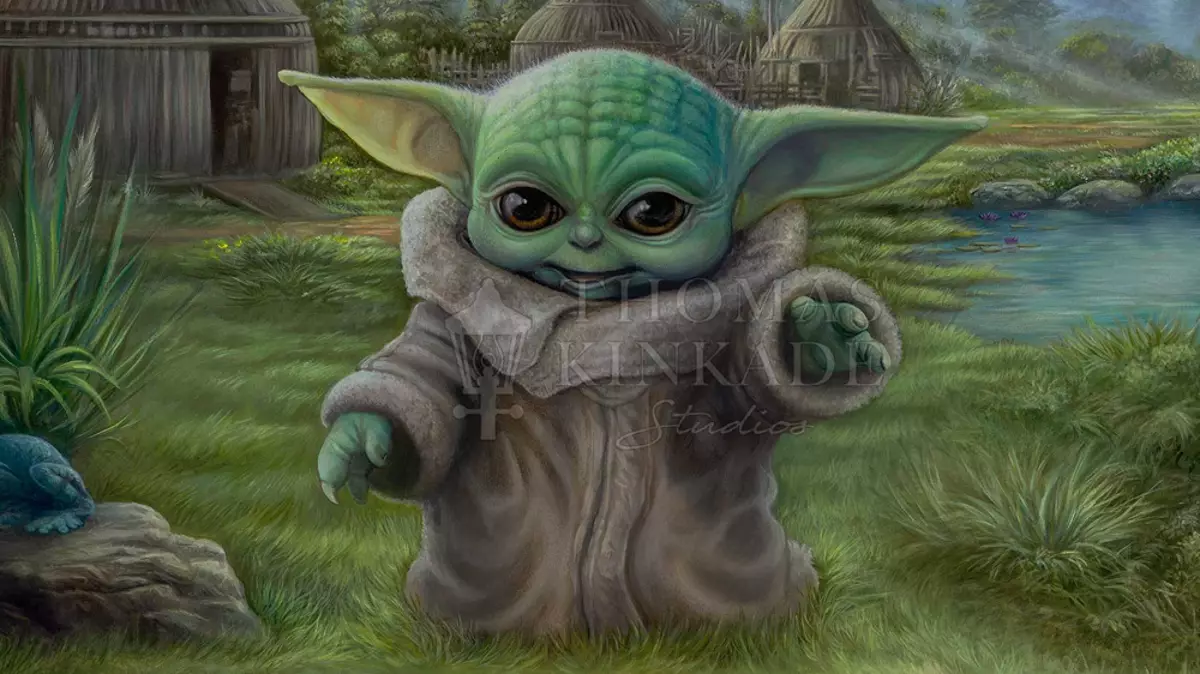 Baby Yoda ပါဝင်သည့် Thomas Kinkade Studios ၏ 'Child's Play' ပန်းချီ။