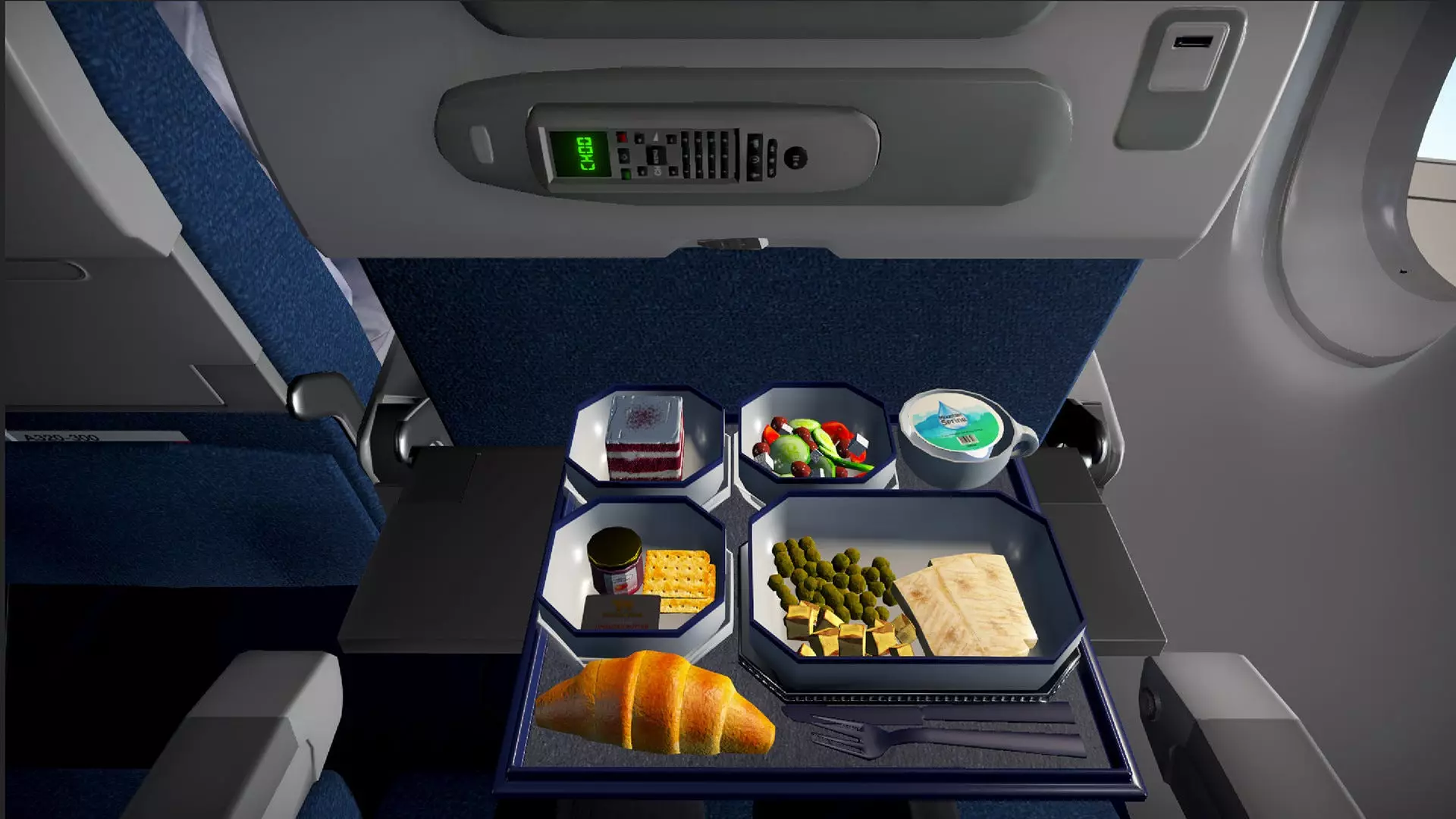 Pogled iz videoigre poskusnega naslonjala sedeža, napolnjenega z grdo hrano.