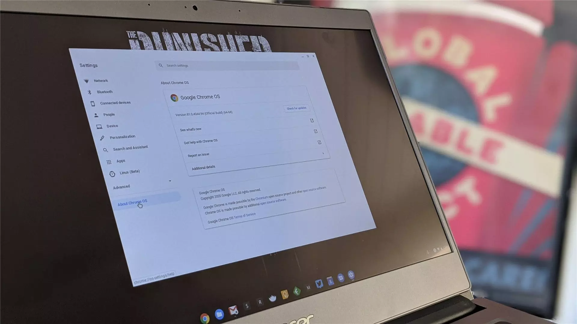 Innstillingsvinduet for Chrome OS Acer Chromebook 714