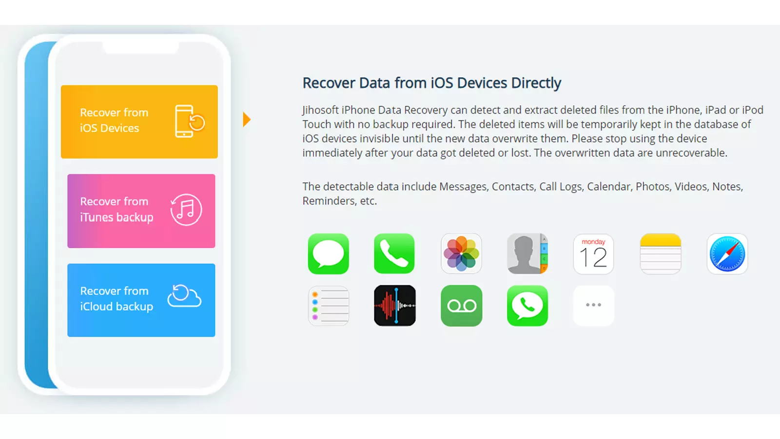 Android және iOS үшін Jihosoft Phone Recovery әртүрлі файлдарды таба алады