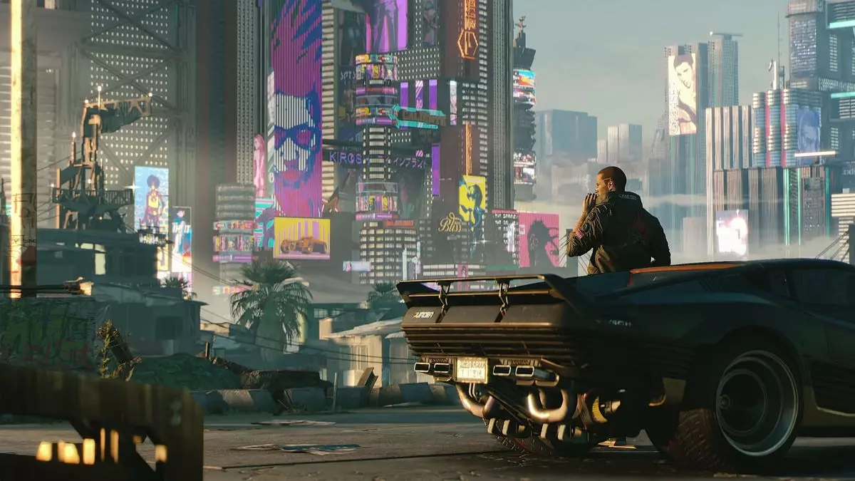 Кадр з гульні Cyberpunk 2077: чалавек паліць, абапіраючыся на машыну перад горадам