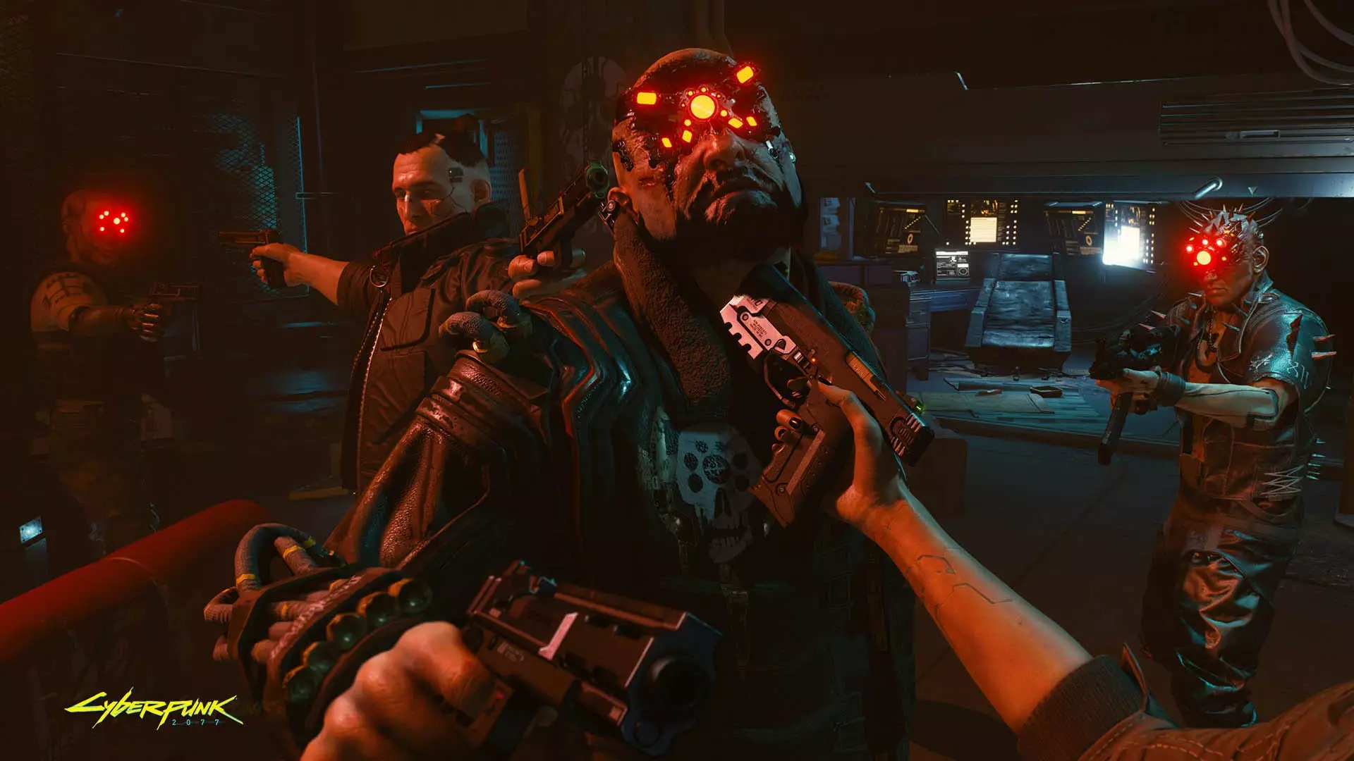 Imej Cyberpunk 2077: memegang pistol di bawah dagu cyborg