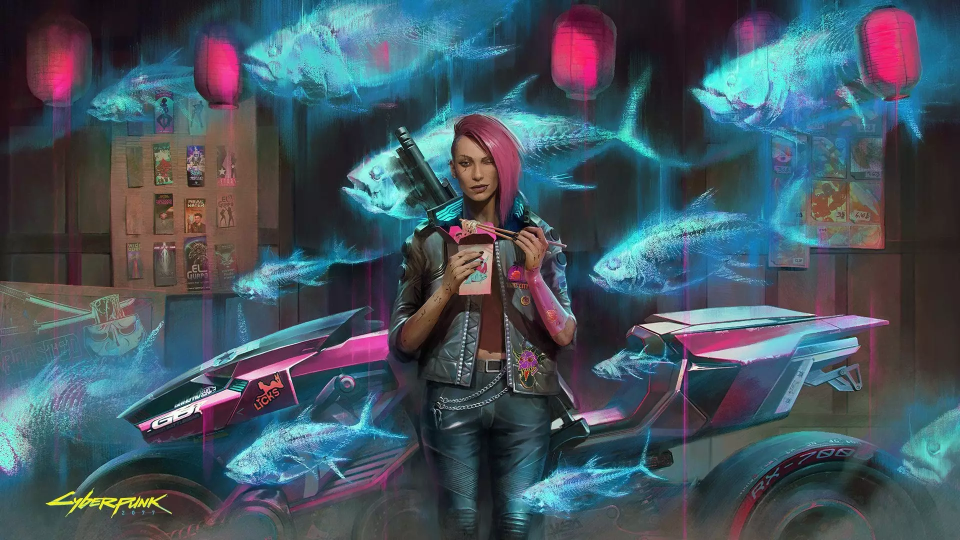 Cyberpunk 2077 reklāmas māksla: sieviete ēd nūdeles motocikla priekšā un hologrāfisku zivi