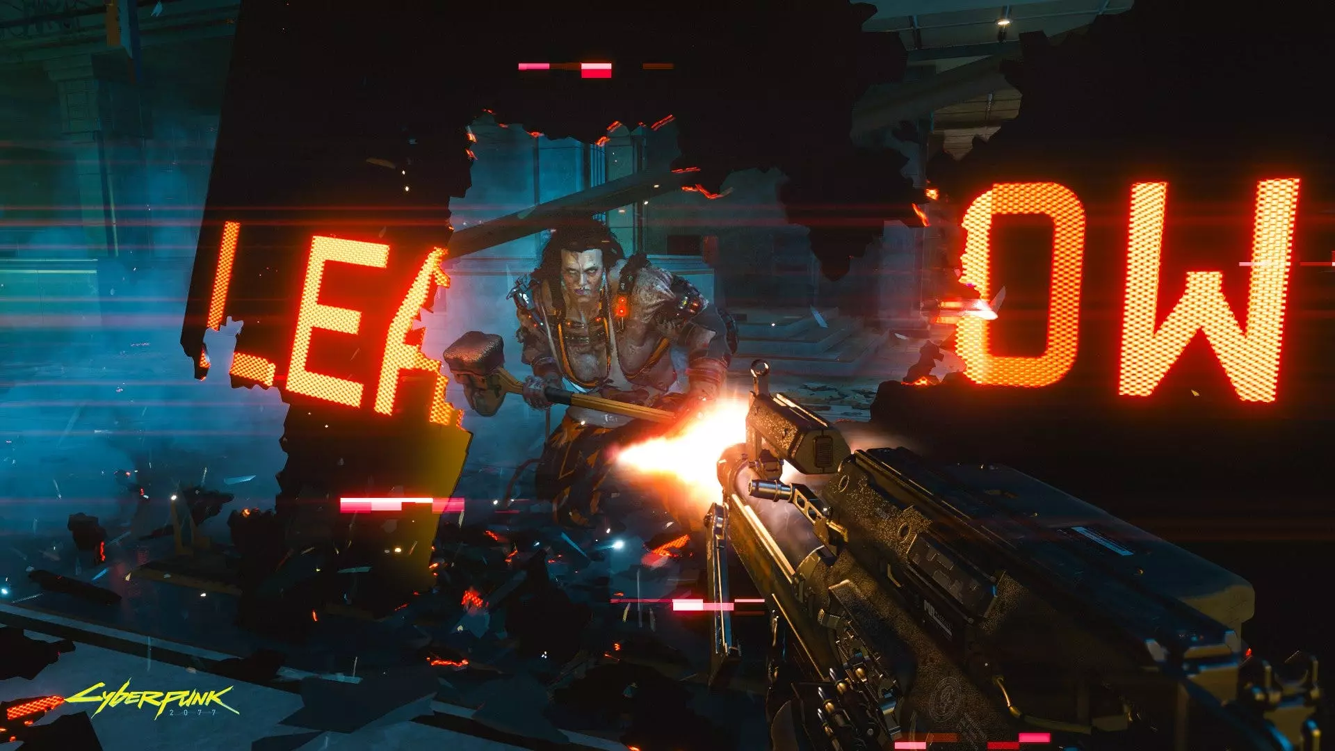 Imaxe de Cyberpunk 2077: disparando a un home cun mazo