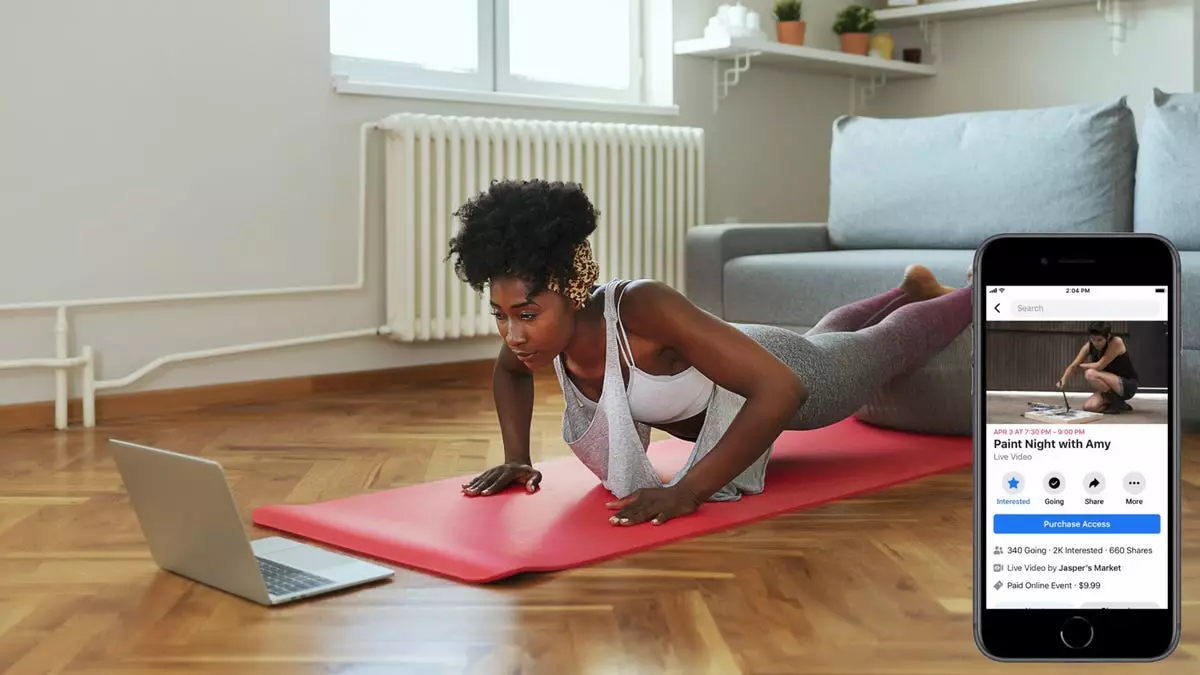 Egy nő laptop előtt edz, egy iPhone-nal, aki festőórát mutat a Facebookon.