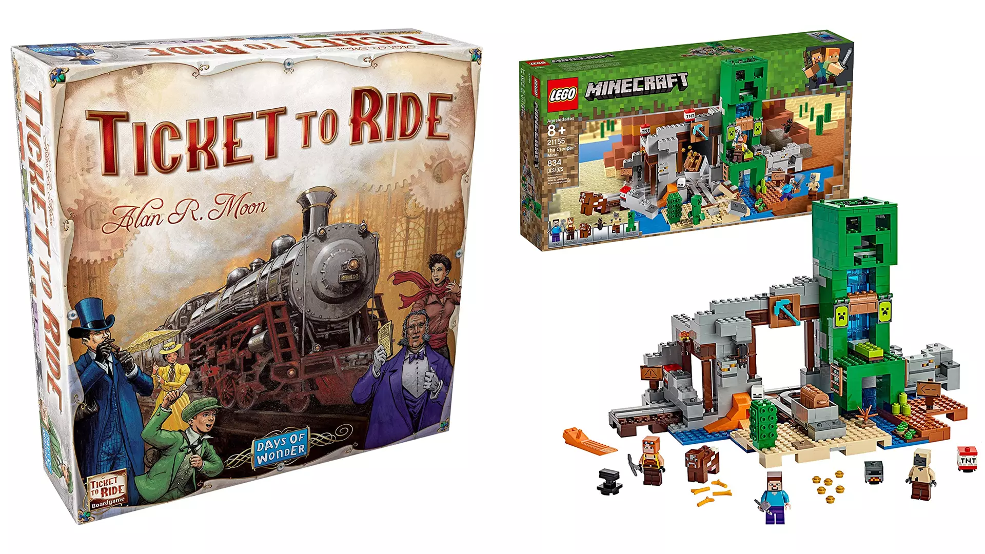Den Ticket to Ride Brietspill an de LEGO Minecraft Creeper Set.