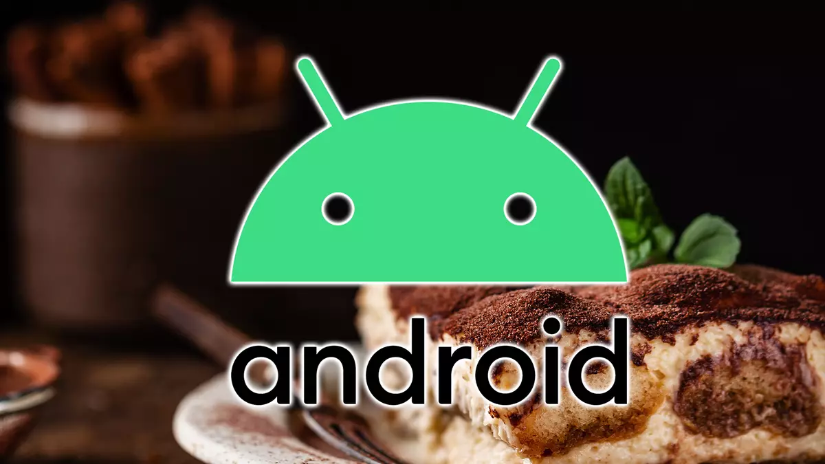 Logo Android di atas sepinggan tiramisu.