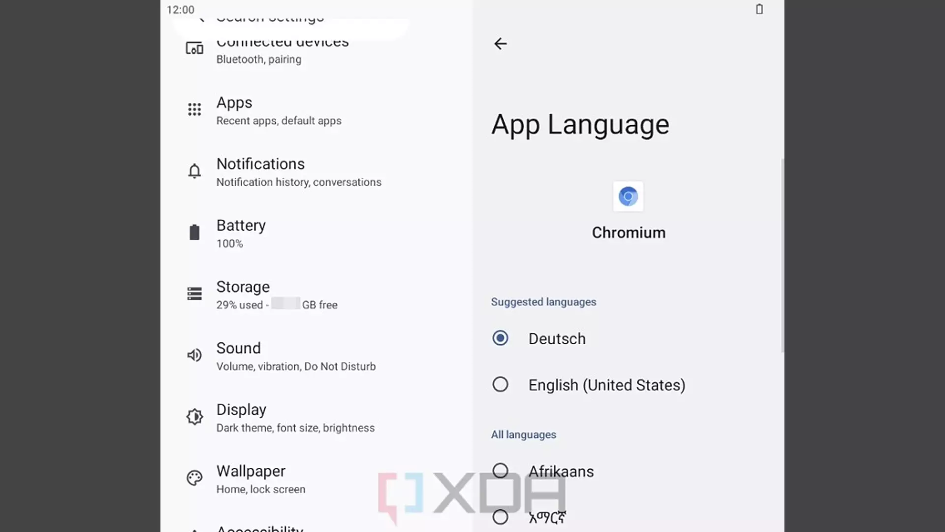 Mga setting sa pinulongan sa app sa Android 13.
