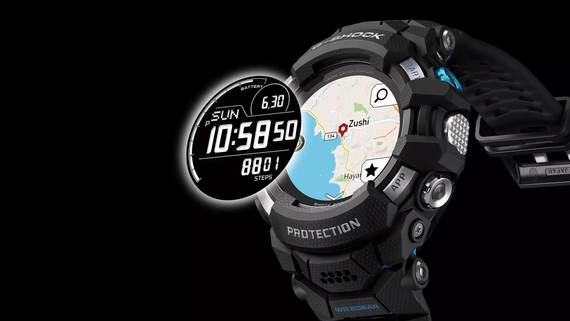 Een Casio Wear OS G-Shock horloge met diverse wijzerplaten.