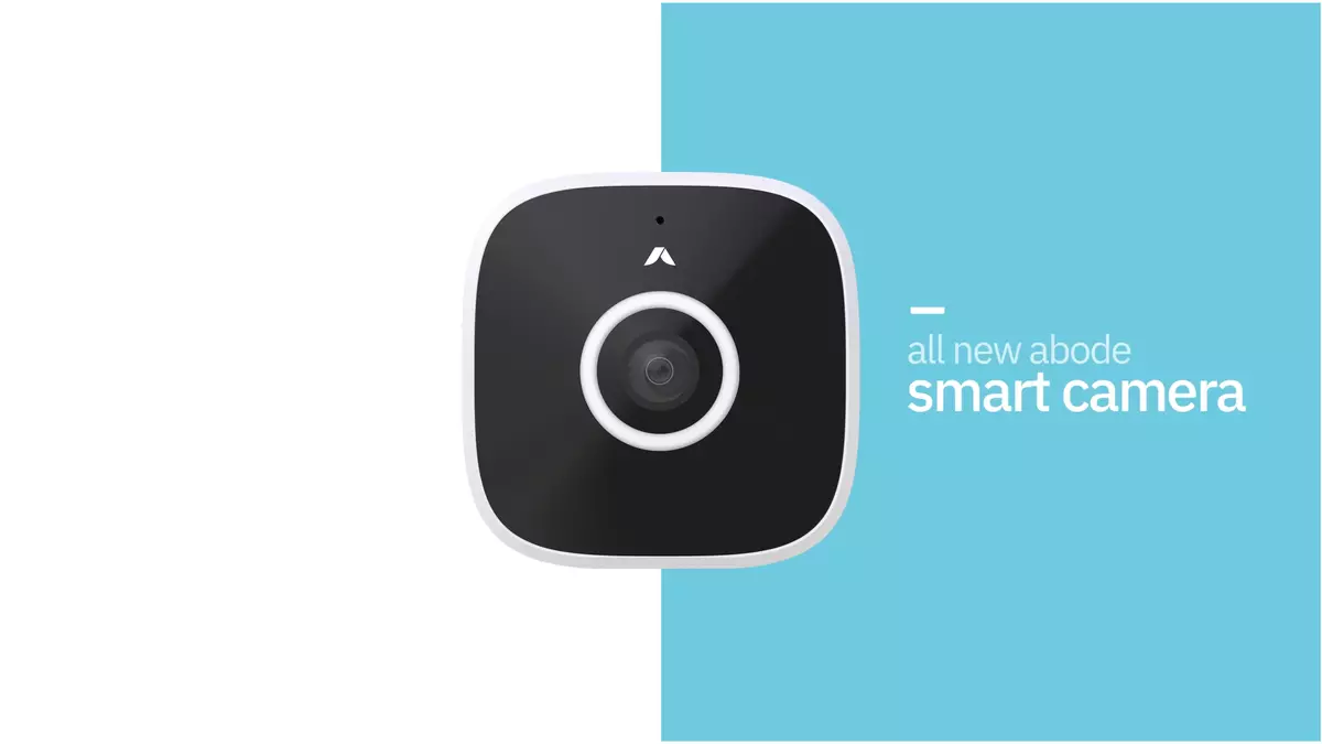Abode Outdoor Smart Camera dengan latar belakang biru dan putih