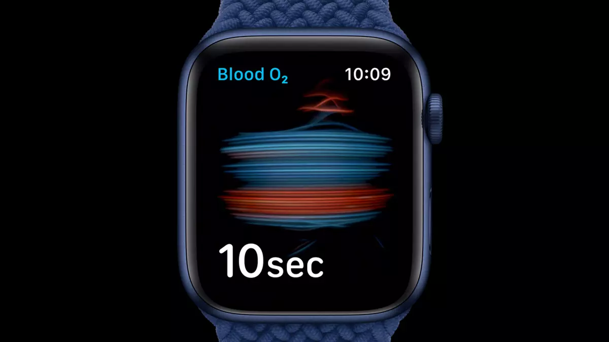 Apple Watch Series 6의 혈액 산소 모니터가 작동하는 사진.