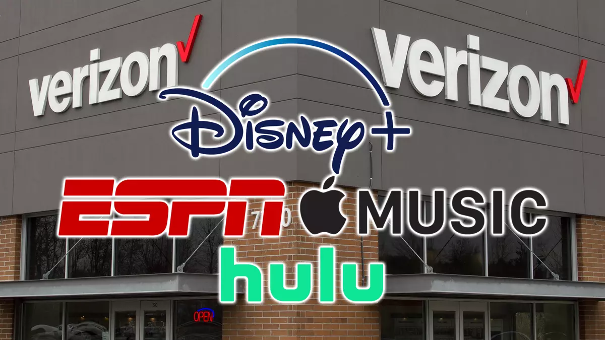 Darlun o logos Verizon, Disney +, ESPN, Hulu ac Apple Music.