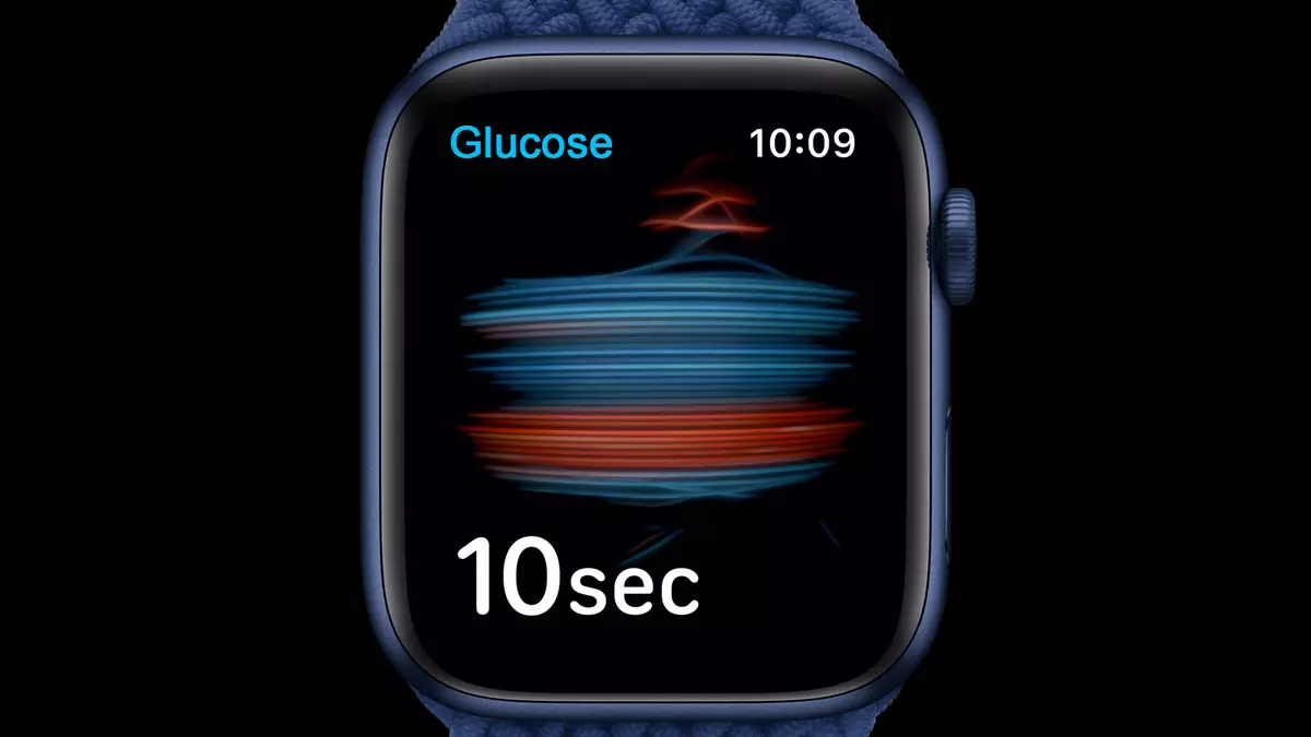 Imagine photoshopată a unui Apple Watch care rulează o aplicație de monitorizare a glucozei.