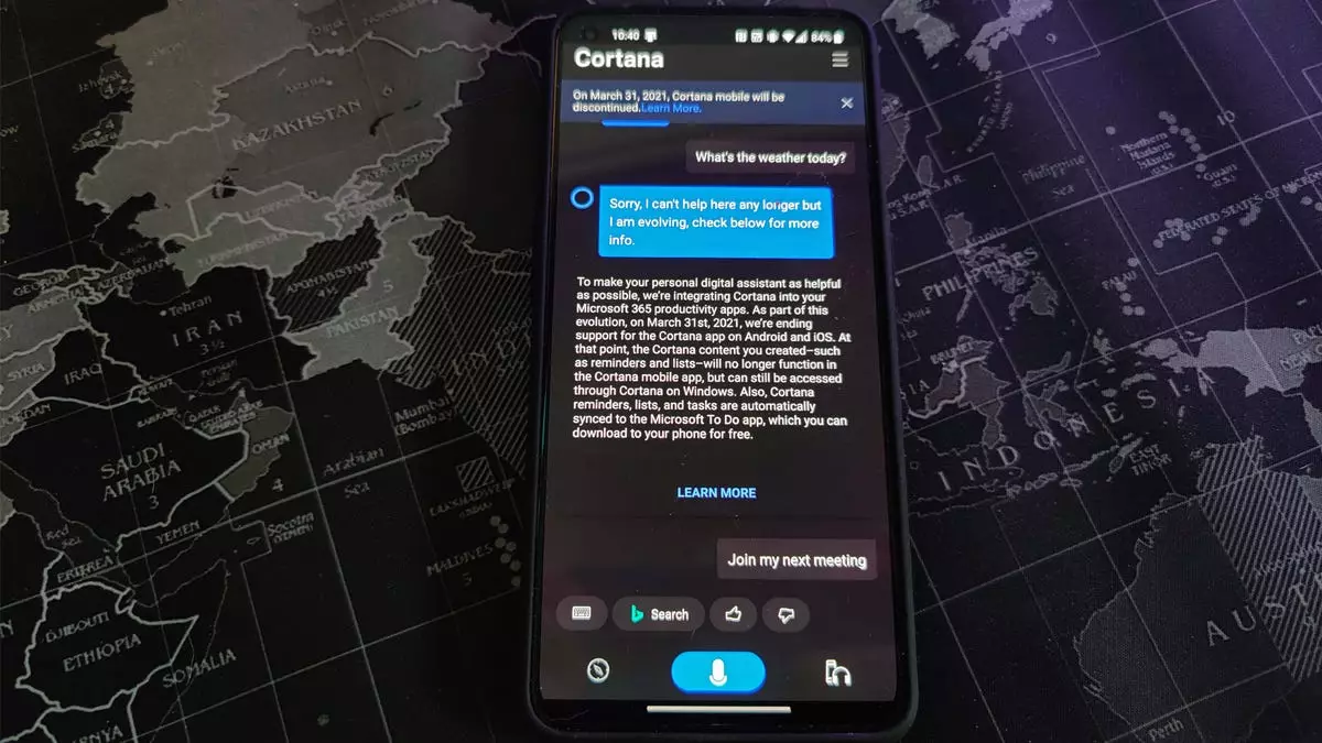 Cortana على هاتف Android ، يشتكي من أنه لا يمكنه الإجابة على الأسئلة.