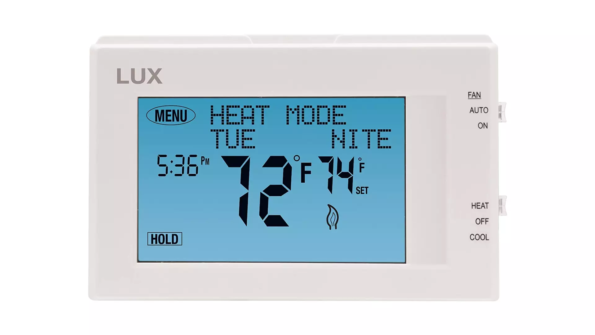 Lux 7 günlük dokunmatik ekranlı termostatın bir fotoğrafı.