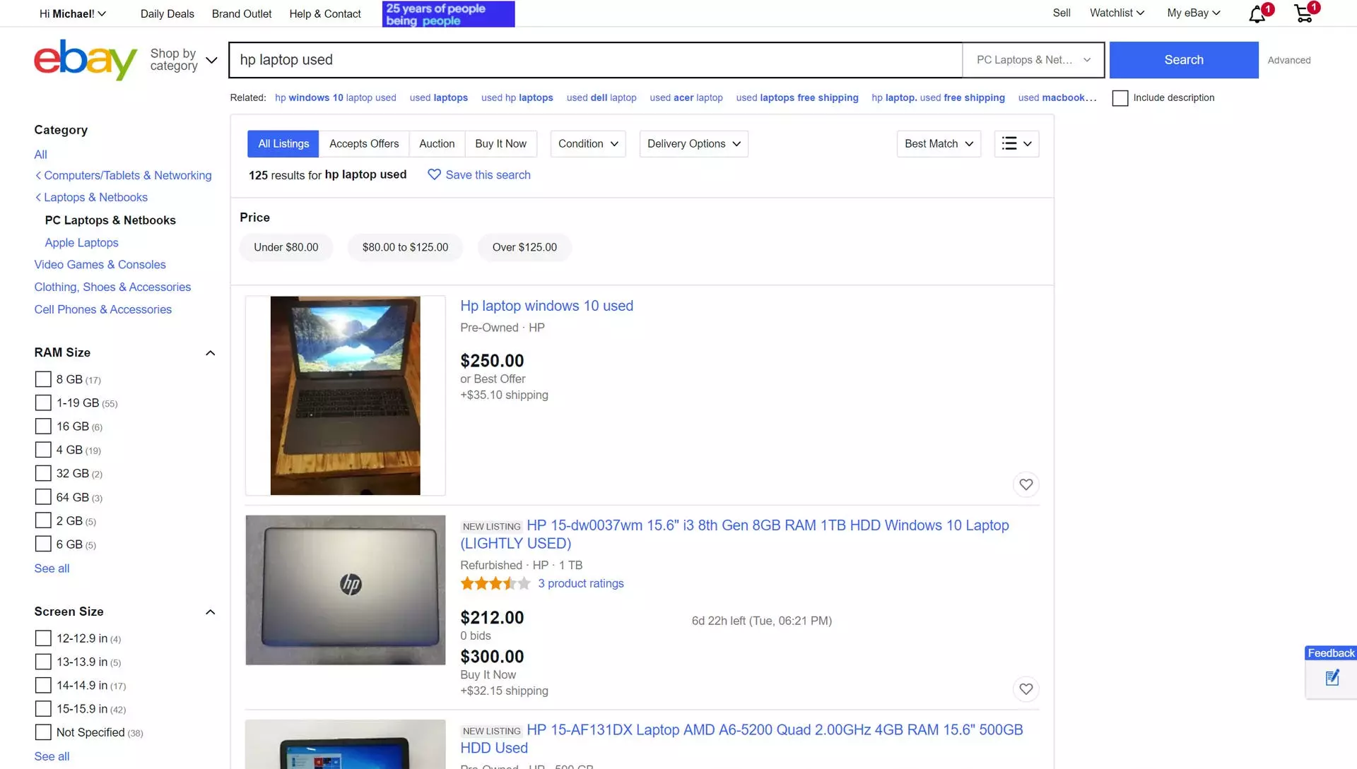 Páxina de eBay buscando portátil usado
