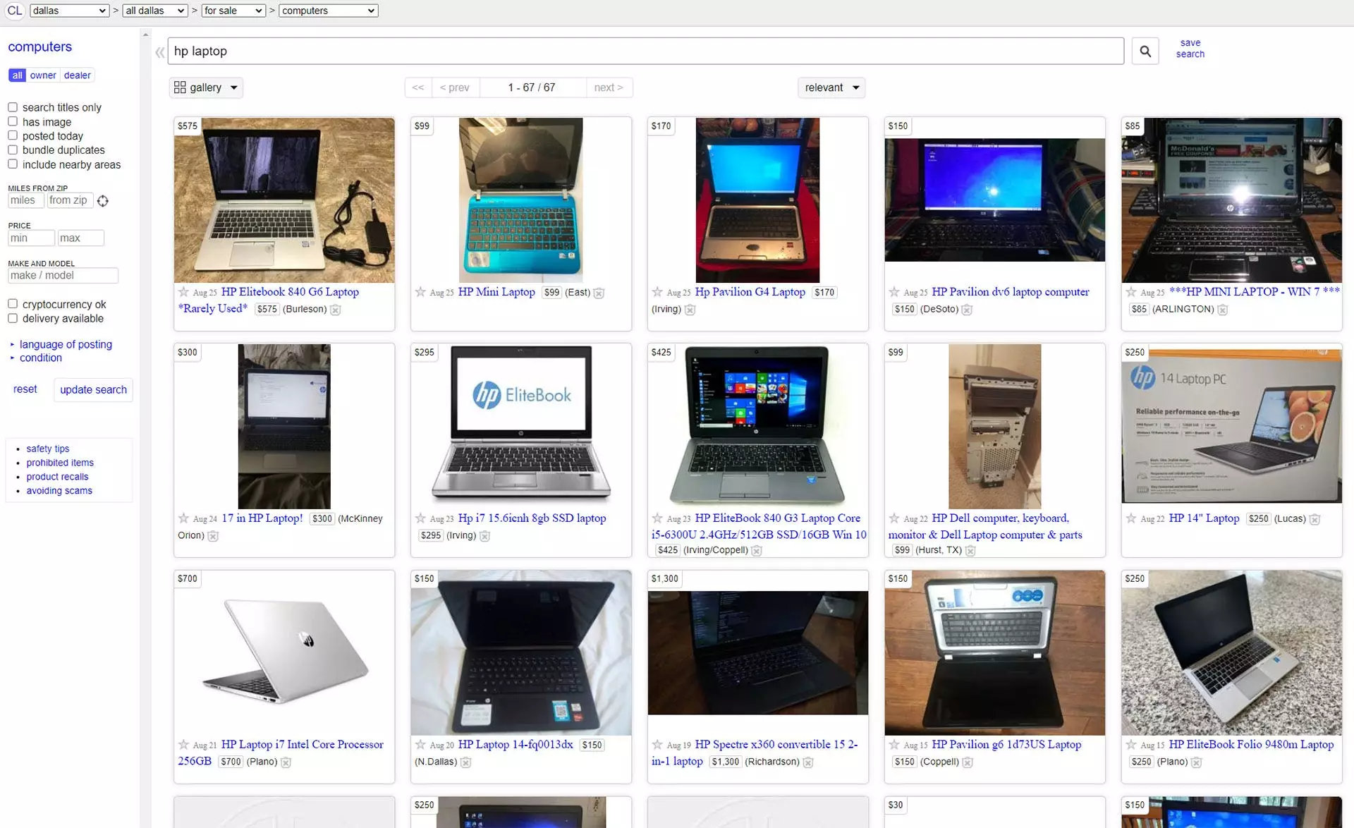 Stranica Craigslit s prijenosnim računalima za prodaju.