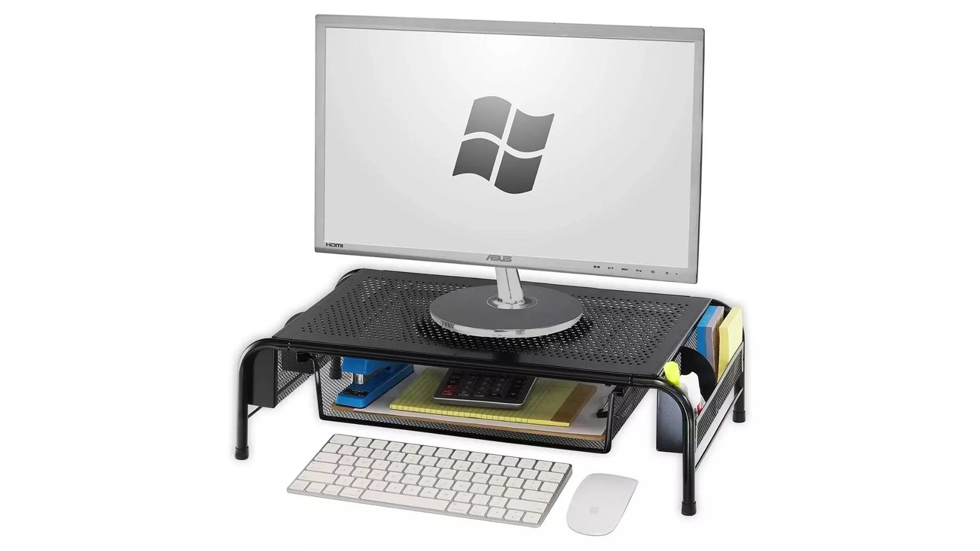 SimpleHouseware Schreibtisch-Monitorständer aus Metall mit Organizer-Schublade