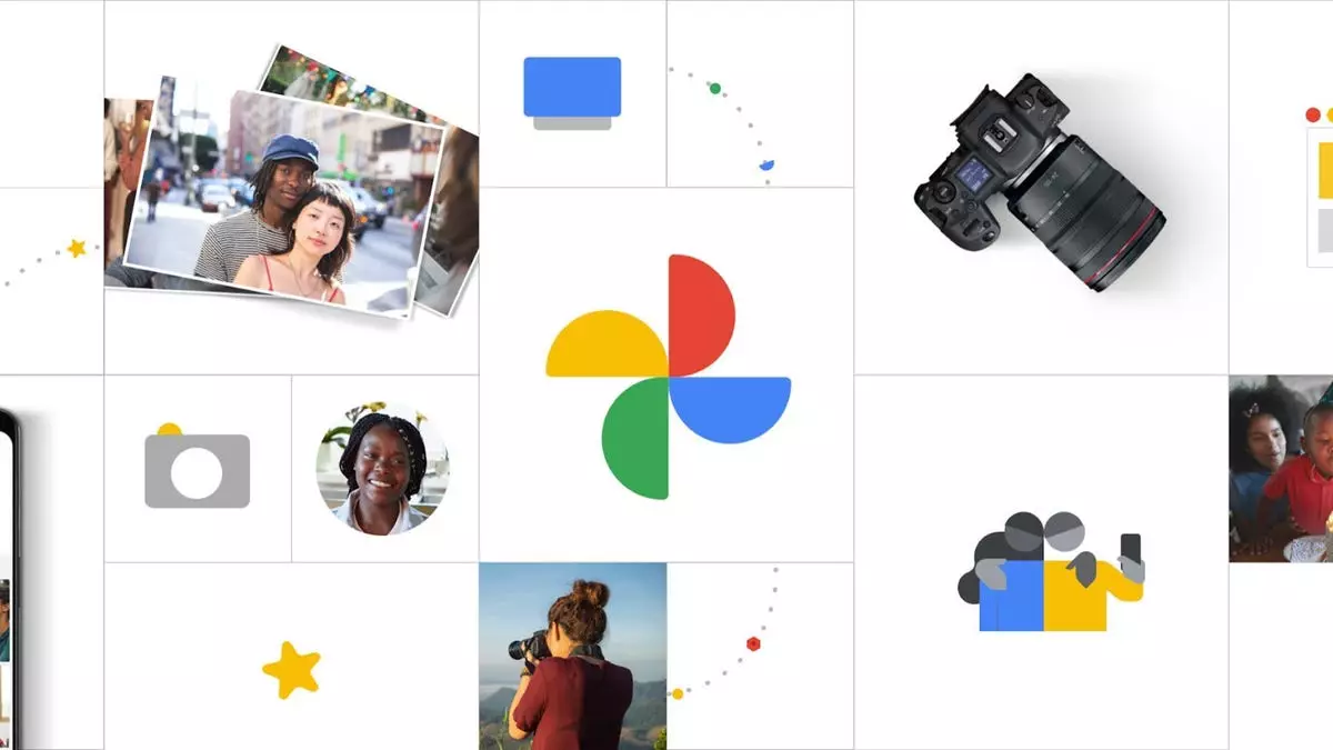Google ඡායාරූප ලාංඡනය අසල Canon කැමරාවක් සහ පින්තූර කිහිපයක්.