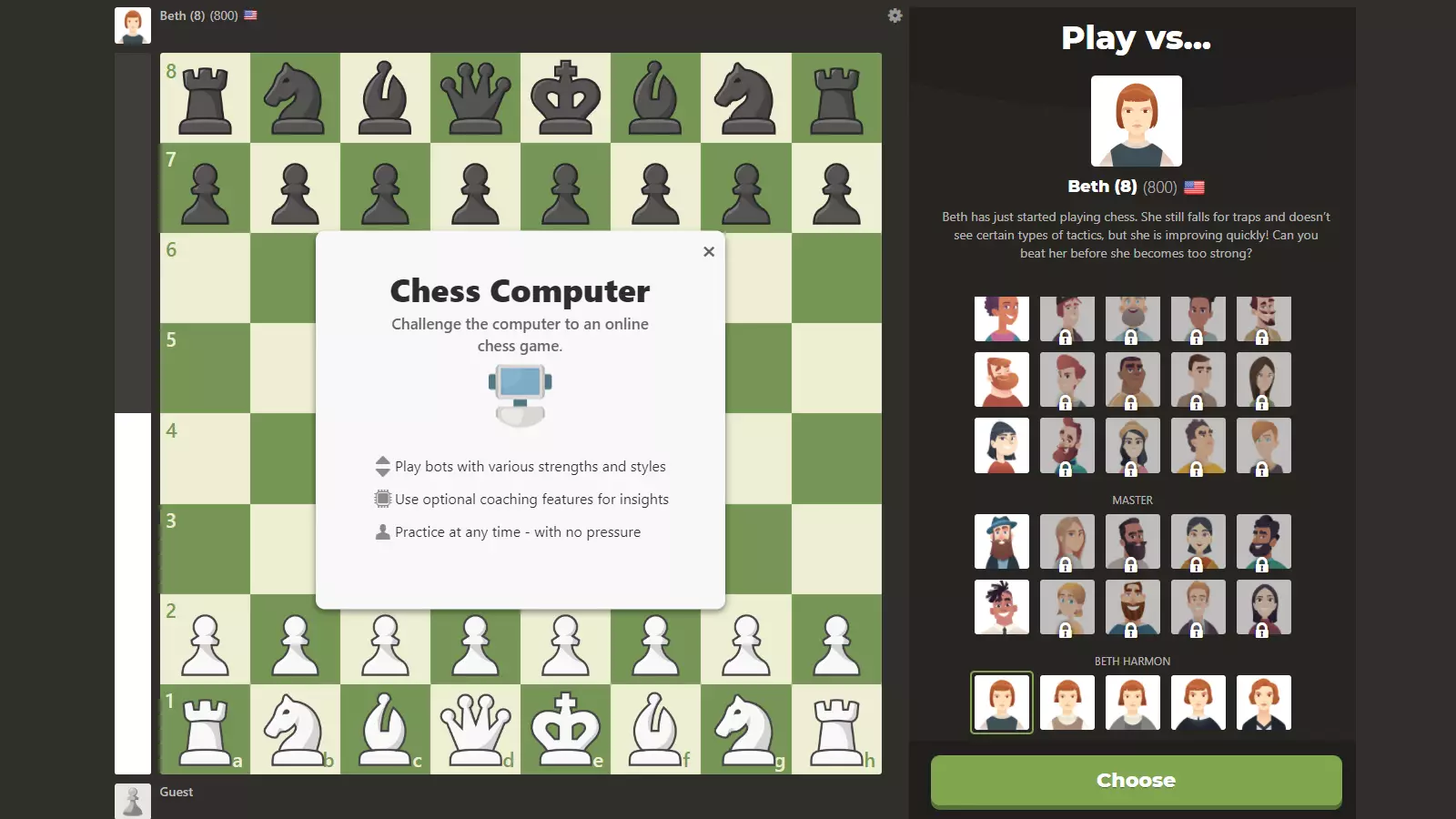 Chess.com-ന്റെ ഏഴ് ബെത്ത് ഹാർമോൺ ചെസ്സ് ബോട്ടുകളിൽ ഒന്ന്