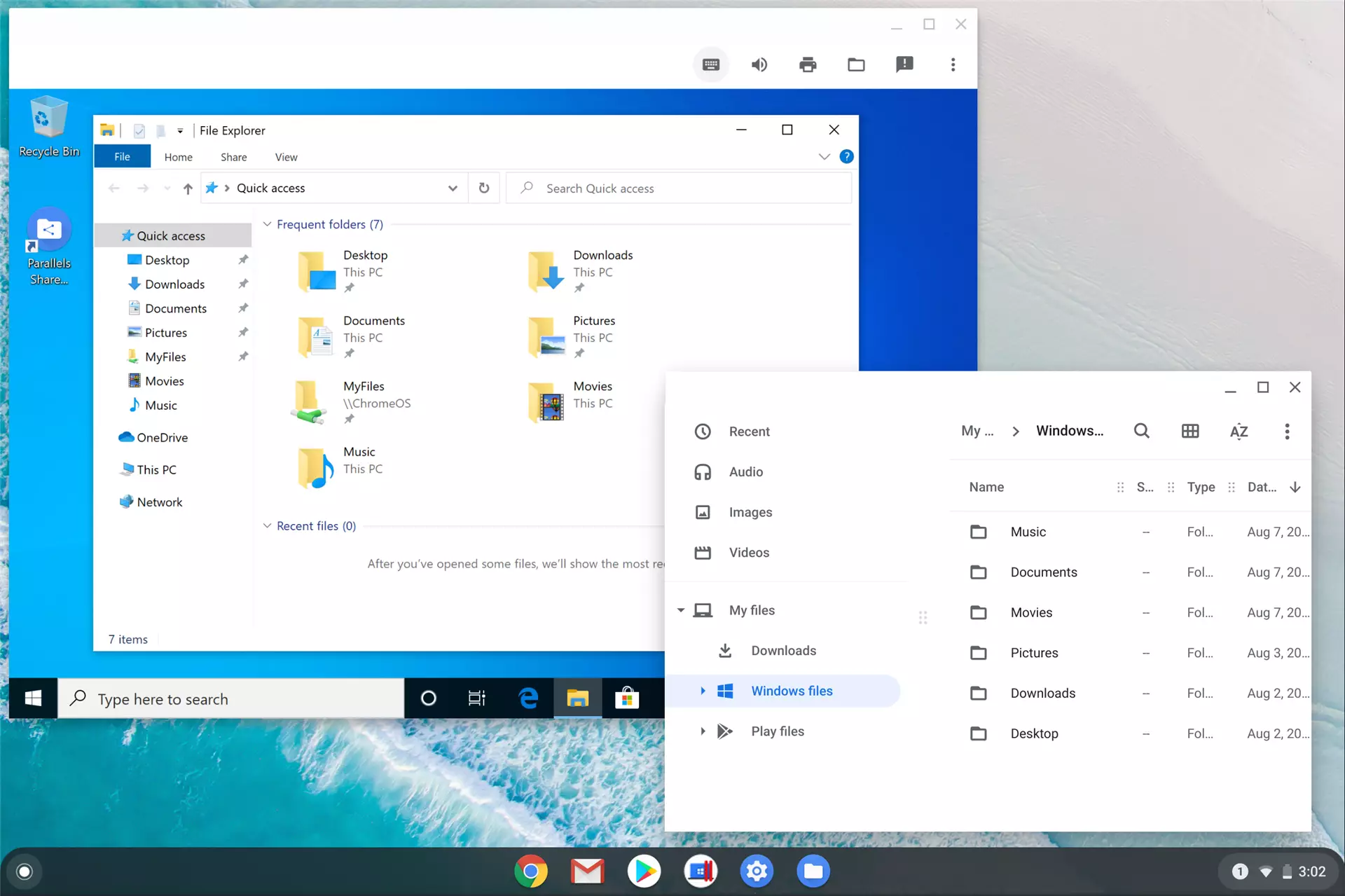 Windows සහ Chrome OS අතර බෙදාගත් ගොනු සමග සමාන්තර