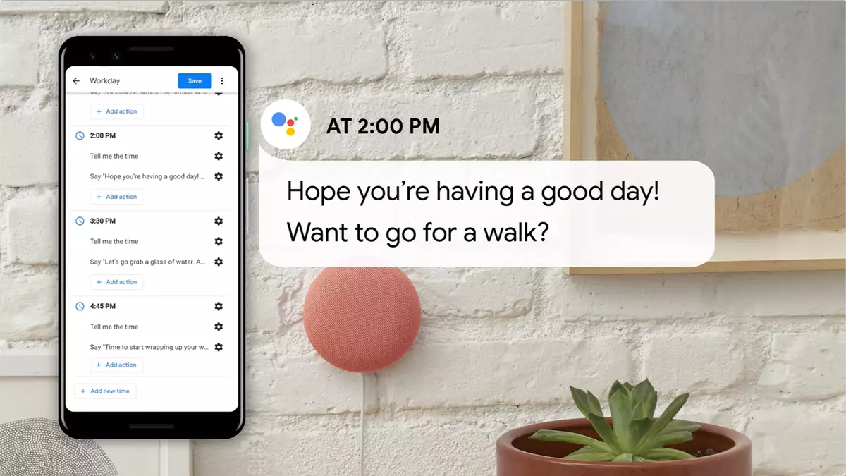 En Google Assistant-app og Nest-højttaler, der spørger, om du vil gå en tur.