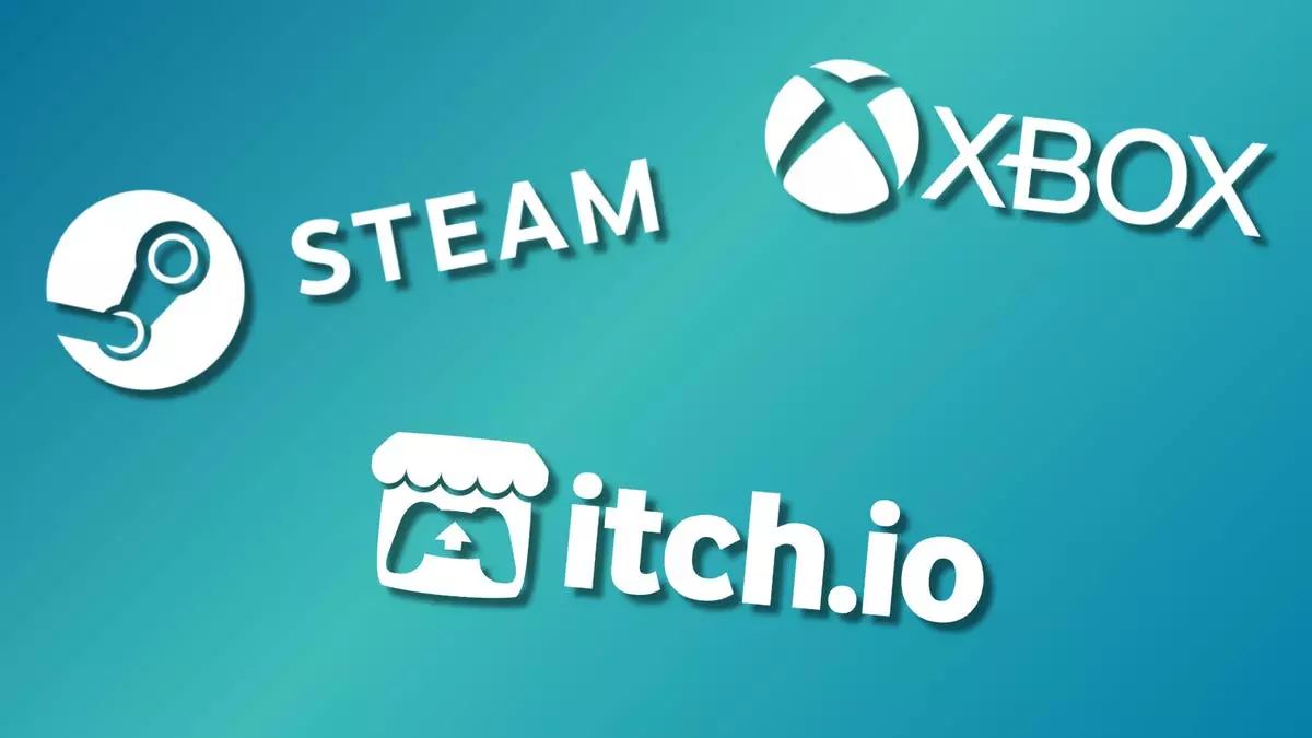 Steam, Xbox және itch.io логотиптері көп түсті фонға қарсы