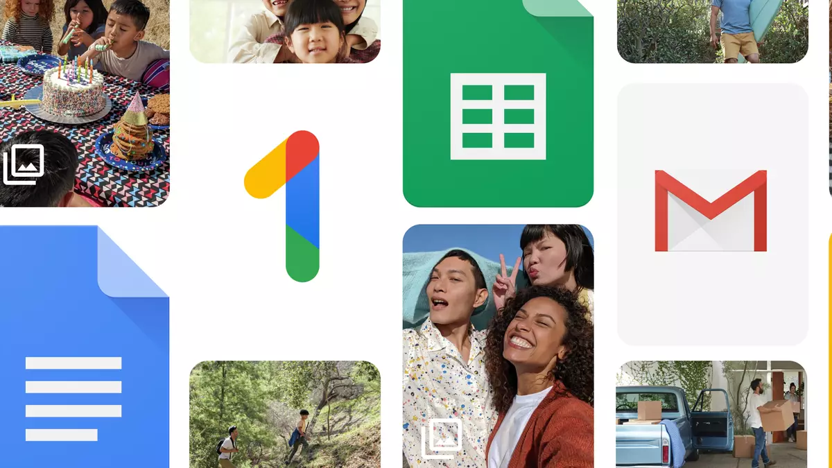 Het Google One-logo omgeven door afbeeldingen en Google Documenten-logo's.