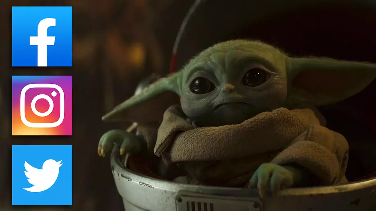 Baby Yoda, með táknum fyrir samfélagsnet