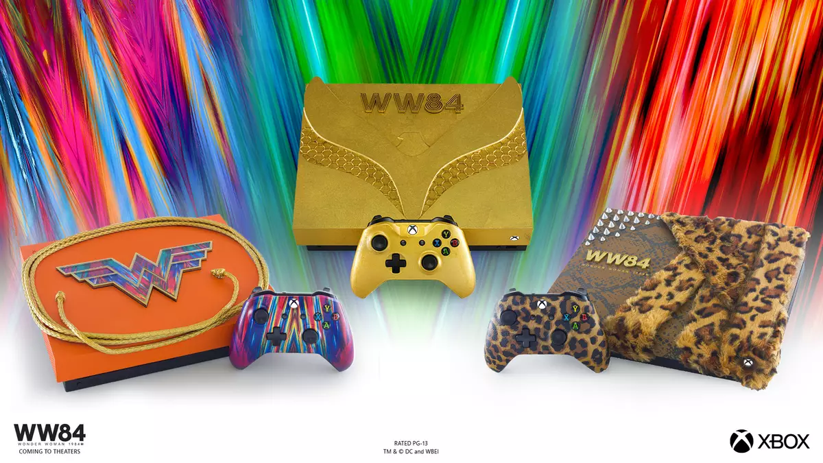 Drie nieuwe kleurrijke Wonder Woman 1984-geïnspireerde Xbox One X-consoles tegen een kleurrijke achtergrond