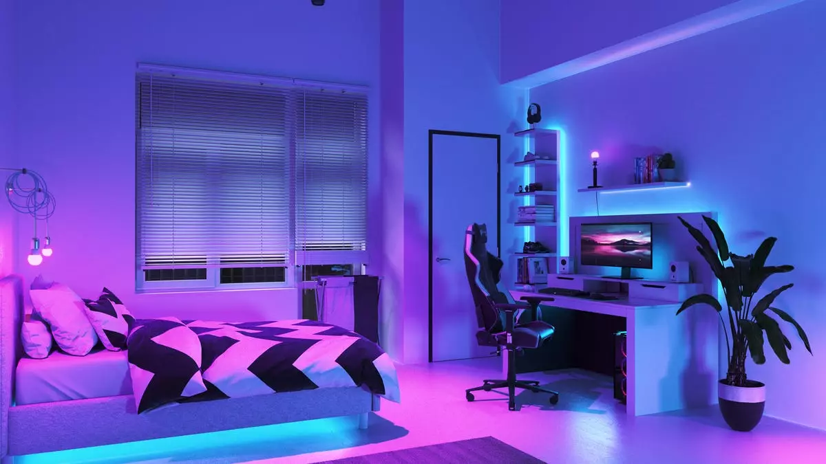 LED-ribadega kaunistatud magamistuba.
