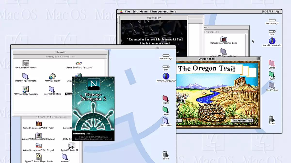 'The Oregon Trail' နှင့် Netscape Navigator လည်ပတ်နေသည့် macintosh.js ၏ပုံများ။