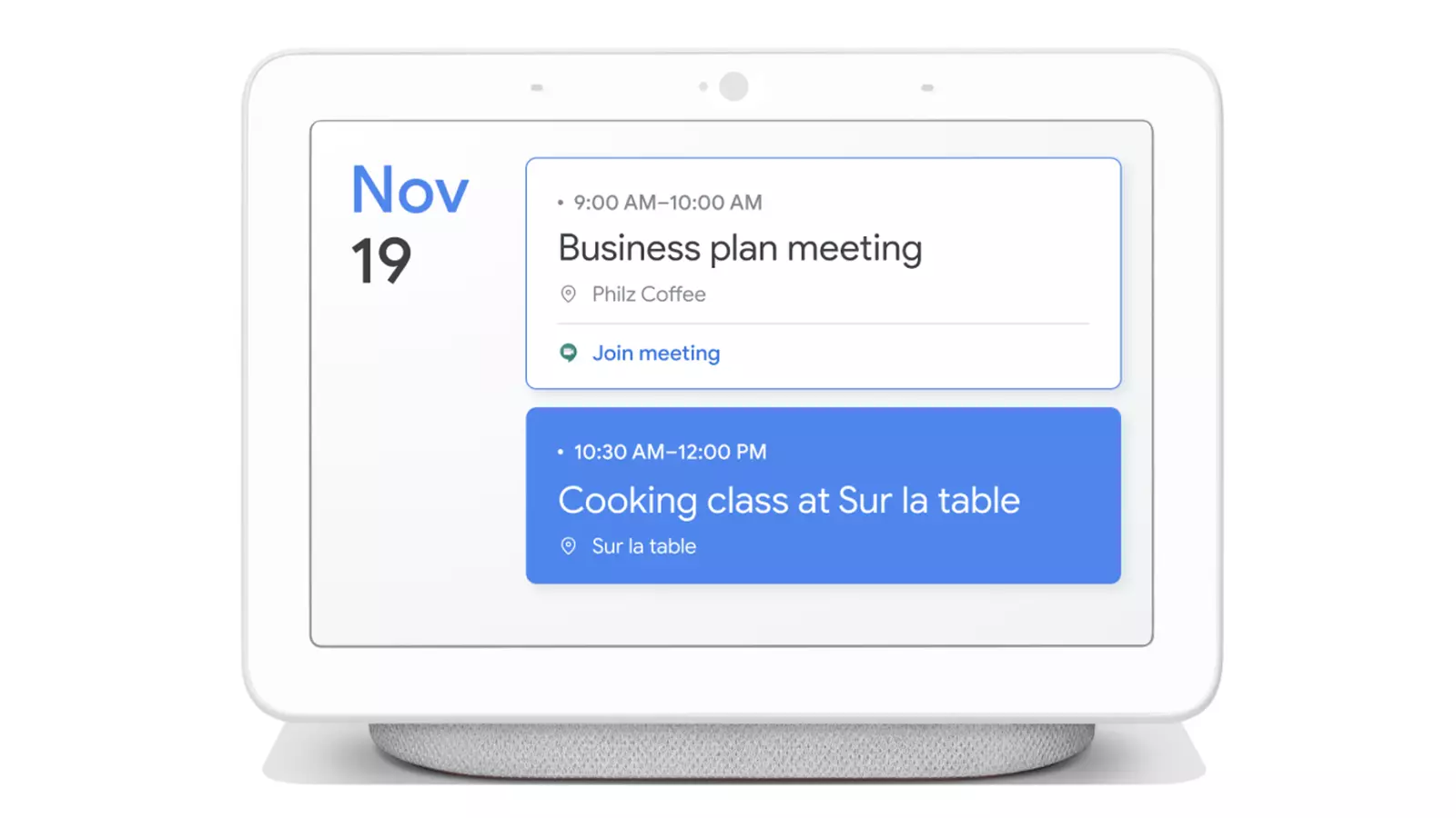 Google Smart -näyttö, joka näyttää tapaamiset useilta tileiltä yhdellä näytöllä.